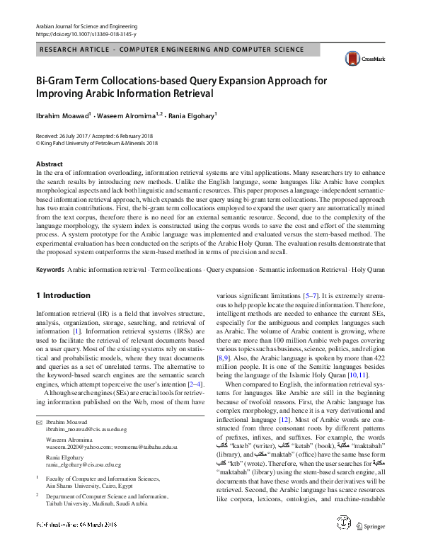 Pdf Bi Gram Term Collocations Based Query Expansion Approach For Improving Arabic Information