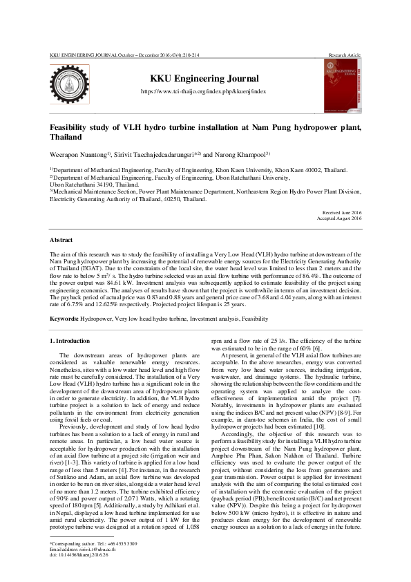 (PDF) Feasibility study of VLH hydro turbine installation at Nam Pung ...