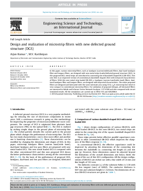 Pdf Design And Realization Of Microstrip Filters With New Defected Ground Structure Dgs