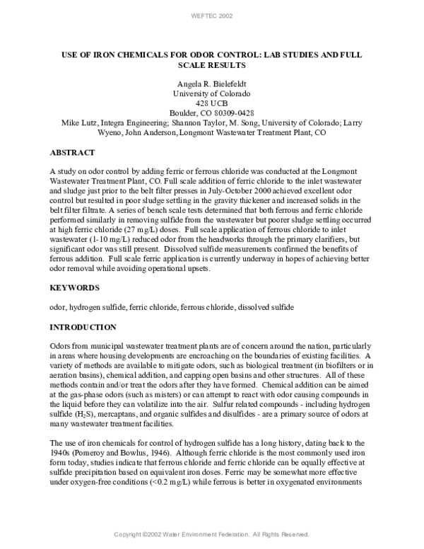 (PDF) Use of Iron Chemicals for Odor Control: Lab Studies and Full ...