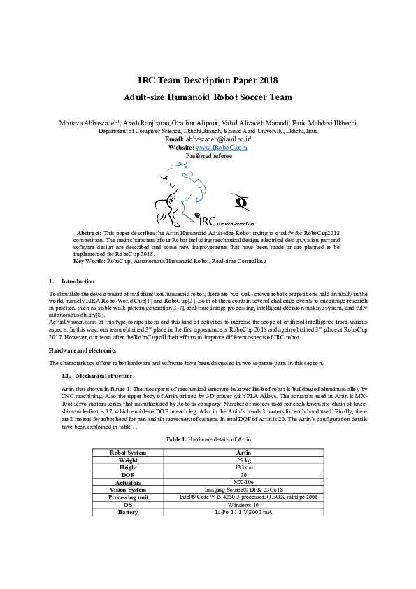 (PDF) IRC Team Description Paper 2018 Adult-size Humanoid Robot Soccer Team