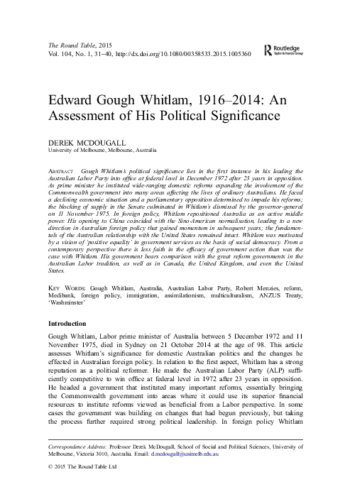 (PDF) Edward Gough Whitlam, 1916–2014: An Assessment of His Political ...