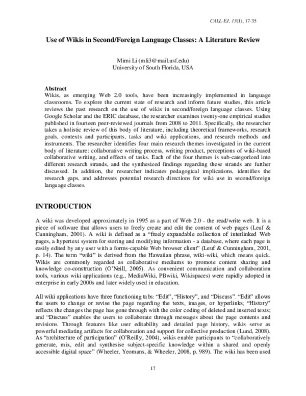 (PDF) Use of wikis in second/foreign language classes: A literature review
