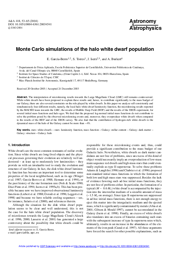 (PDF) Monte Carlo simulations of the halo white dwarf population