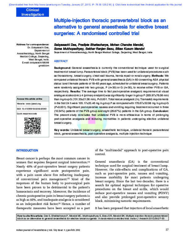 (PDF) Multiple-injection thoracic paravertebral block as an alternative ...