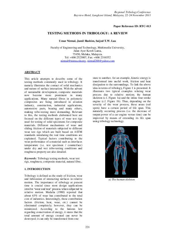 (PDF) Testing Methods in Tribology : A Review
