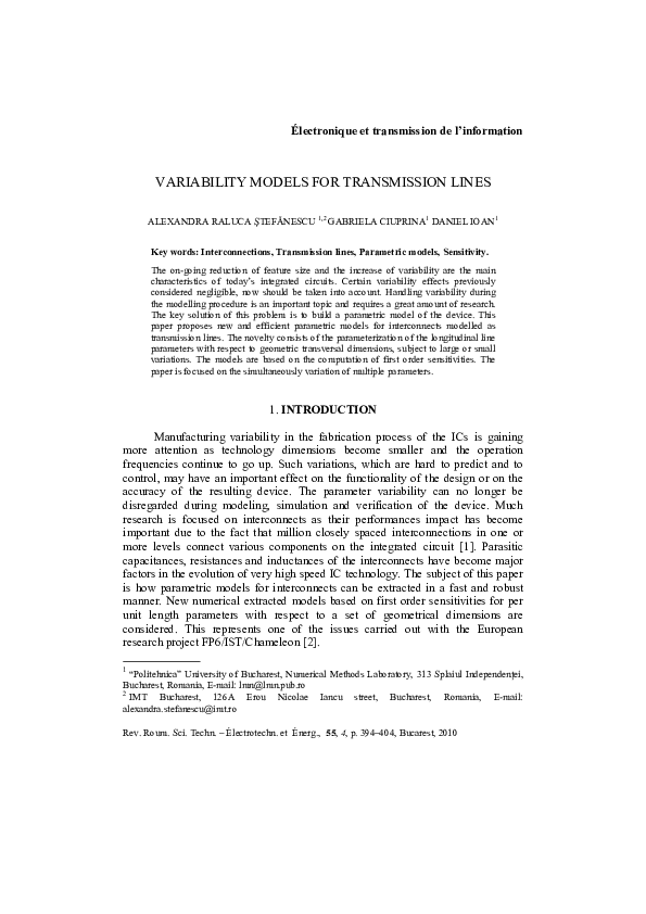 (PDF) Variability Models for Transmission Lines | Daniel Ioan ...