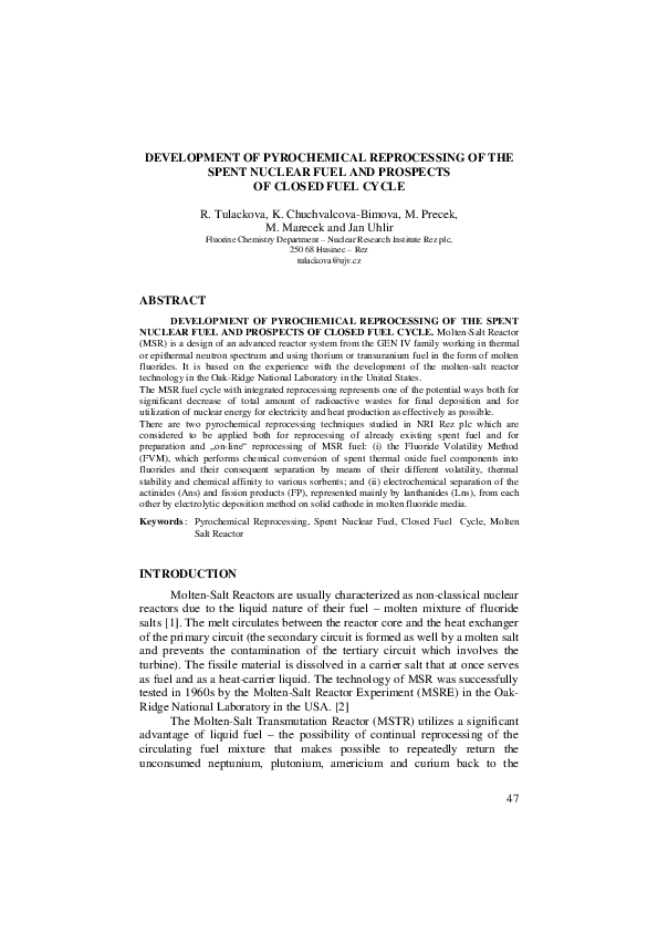 (PDF) Development of Pyrochemical Reprocessing of the Spent Nuclear Fuel and Prospects of Closed ...
