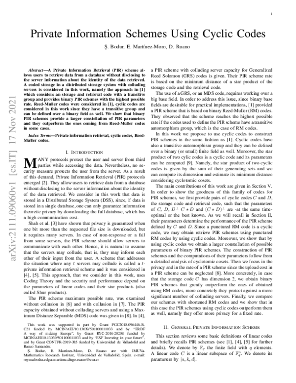 (PDF) Private Information Schemes Using Cyclic Codes