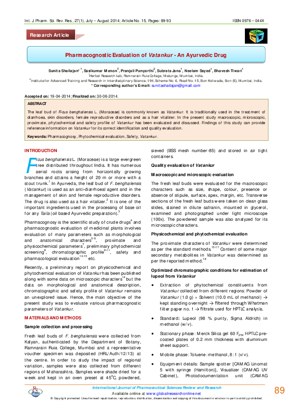(PDF) Pharmacognostic Evaluation of Vatankur - An Ayurvedic Drug