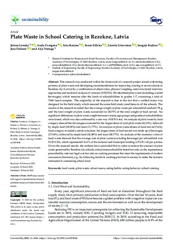 (PDF) Plate Waste in School Catering in Rezekne, Latvia