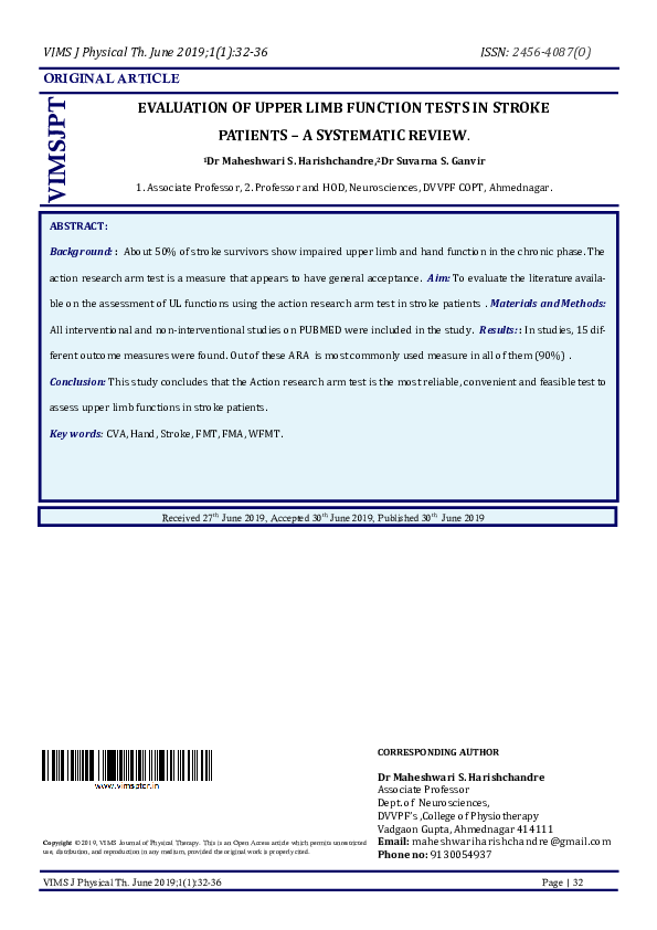 (PDF) Evaluation of Upper Limb Function Tests in Stroke Patients – a ...