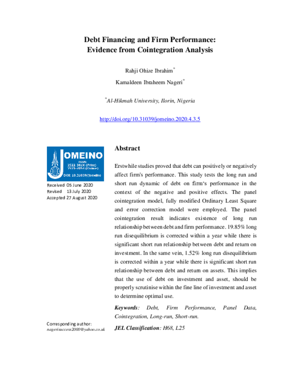 (PDF) Debt Financing and Firm Performance: Evidence from Cointegration Analysis