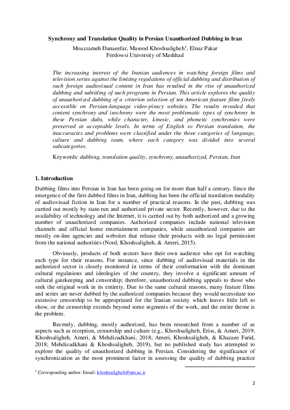 (PDF) Synchrony and Translation Quality in Persian Unauthorized Dubbing in Iran