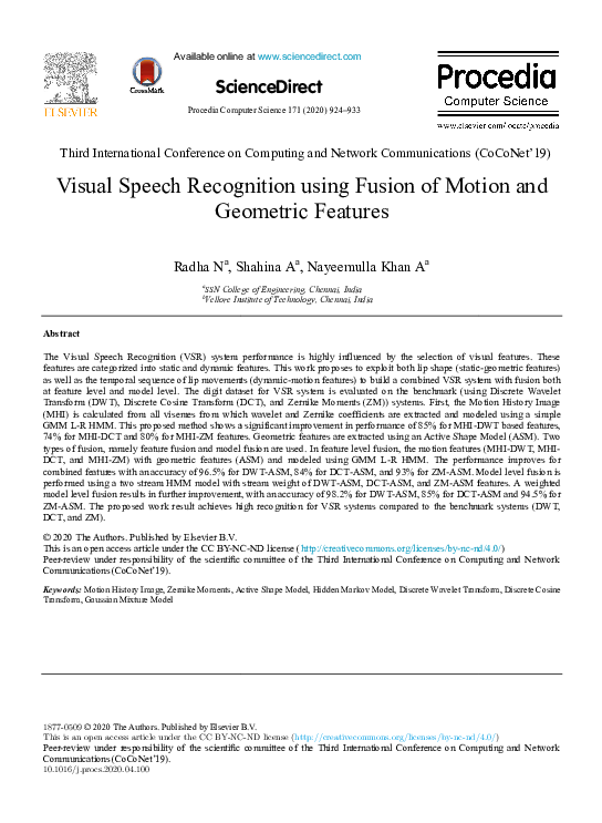 (PDF) Visual Speech Recognition using Fusion of Motion and Geometric Features