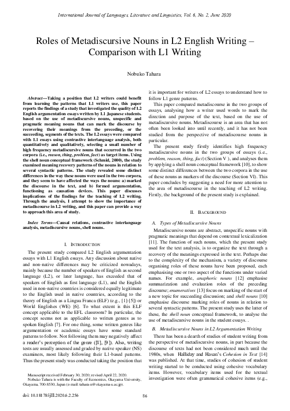 (PDF) Roles of Metadiscursive Nouns in L2 English Writing – Comparison ...