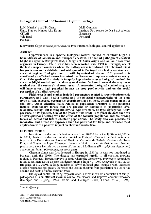 Pdf Biological Control Of Chestnut Blight In Portugal