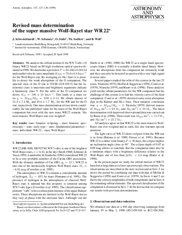 (PDF) Revised mass determination of the super massive Wolf-Rayet star WR 22