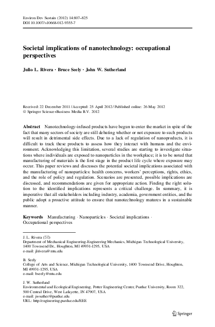 (PDF) Societal implications of nanotechnology: occupational perspectives