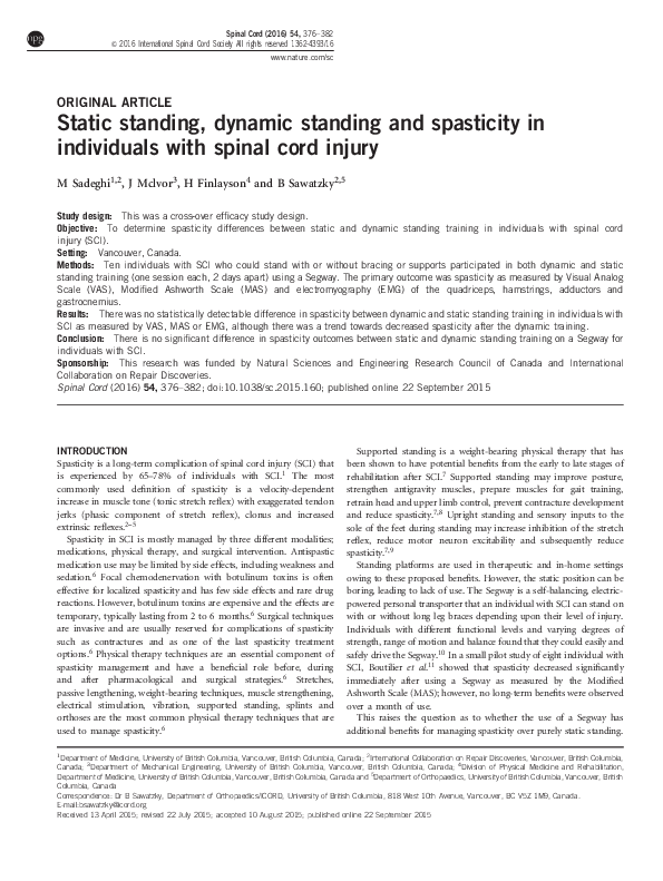 (PDF) Spasticity in Static vs Dynamic Standing in SCI