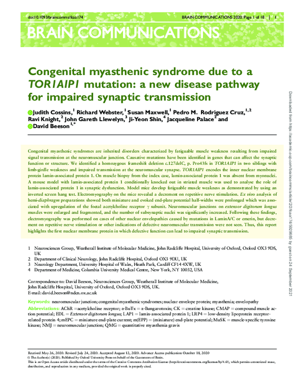 (PDF) Congenital myasthenic syndrome due to a TOR1AIP1 mutation: a new ...