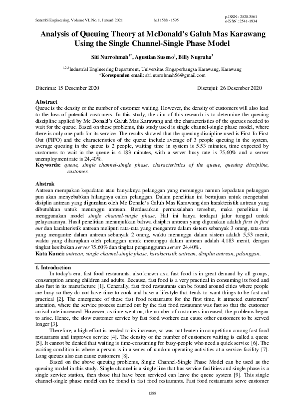 (PDF) Analysis of Queuing Theory at McDonald's Galuh Mas Karawang Using the Single Channel ...