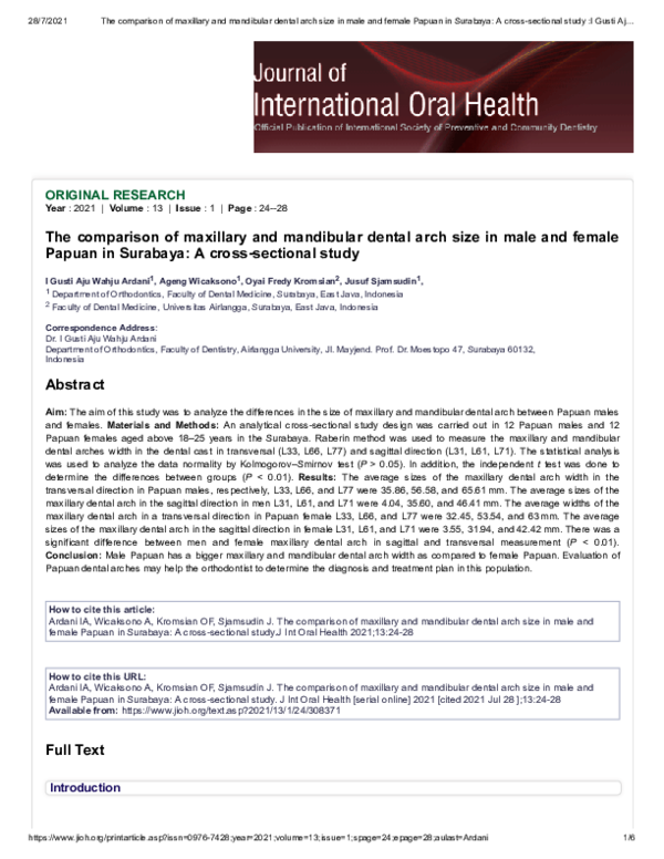 Pdf The Comparison Of Maxillary And Mandibular Dental Arch Size In