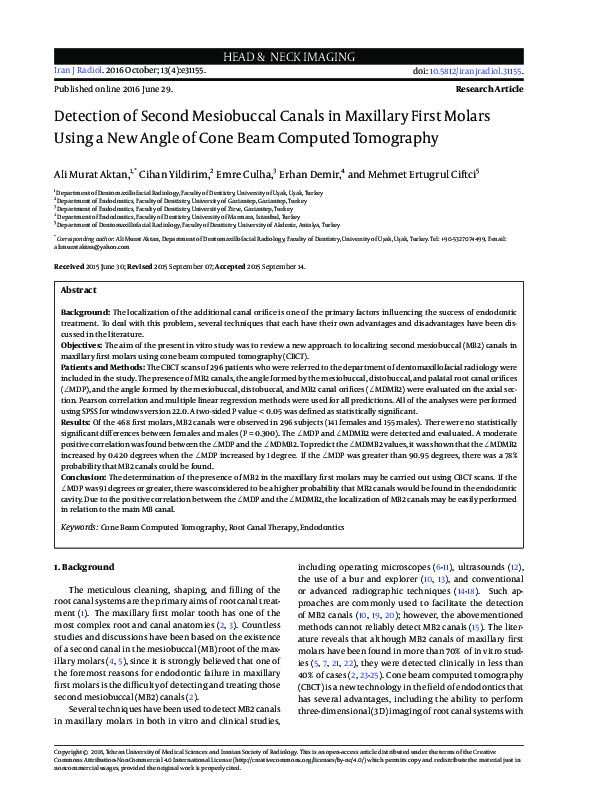 Pdf Detection Of Second Mesiobuccal Canals In Maxillary First Molars Using A New Angle Of Cone