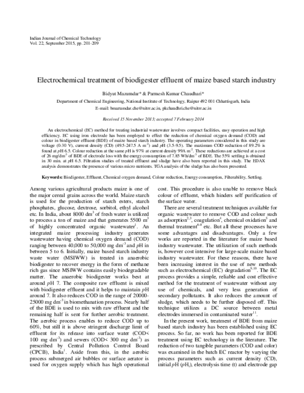 (PDF) Electrochemical treatment of biodigester effluent of maize-based ...
