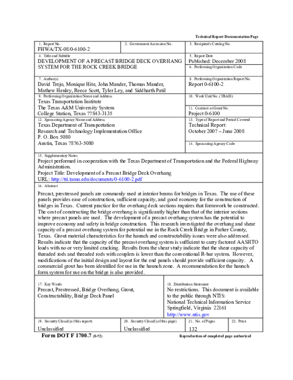 (PDF) Development of a precast bridge deck overhang system for the rock ...