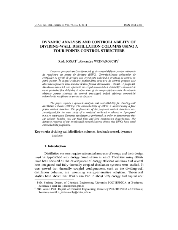 (PDF) Dynamic Analysis and Controllability of Dividing-Wall Distillation Columns Using a Four ...