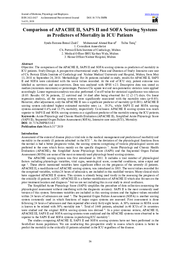 (PDF) Comparison of APACHE II, SAPS II and SOFA Scoring Systems as Predictors of Mortality in ...