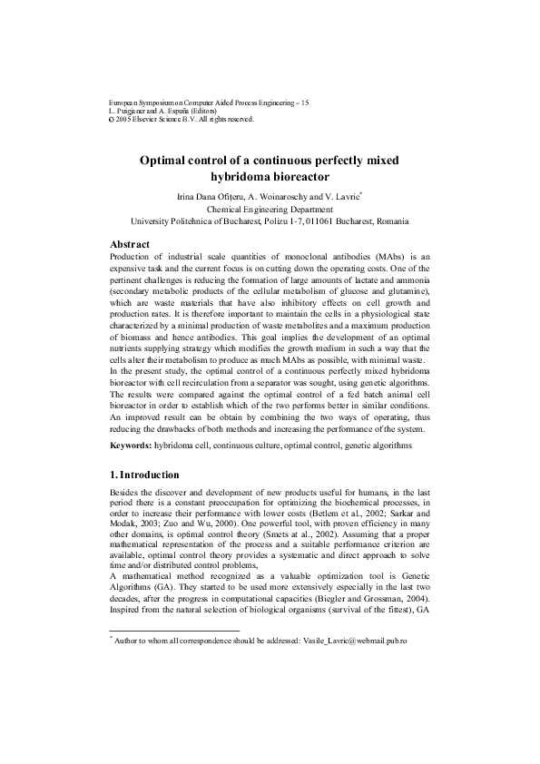 (PDF) Optimal control of a continuous perfectly mixed hybridoma bioreactor