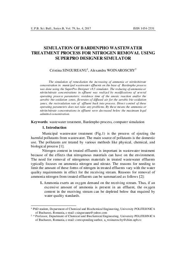 (PDF) Simulation of Bardenpho Wastewater Treatment Process for Nitrogen Removal Using Superpro ...