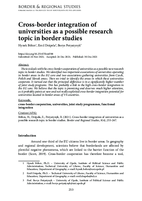 (PDF) Cross-border integration of universities as a possible research topic in border studies