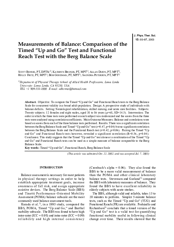 (PDF) Measurements of Balance: Comparison of the Timed "Up and Go" Test ...