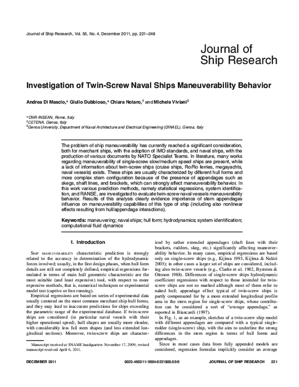 (PDF) Investigation of Twin-Screw Naval Ships Maneuverability Behavior