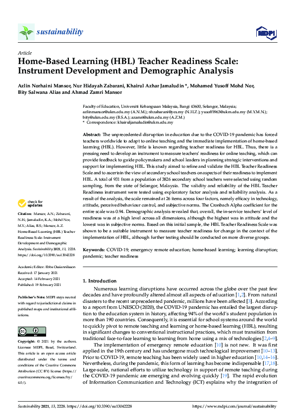 (PDF) Home-Based Learning (HBL) Teacher Readiness Scale: Instrument Development and Demographic ...