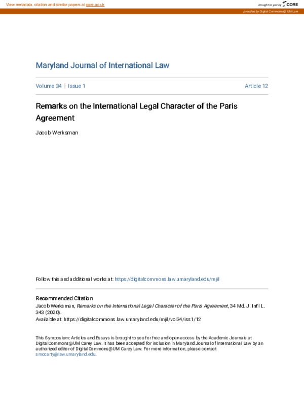 (PDF) Remarks on the International Legal Character of the Paris Agreement