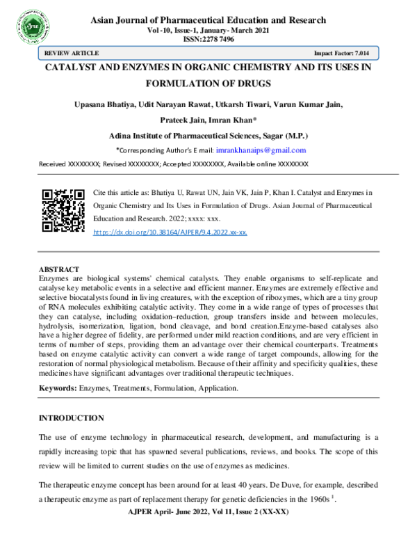 (PDF) CATALYST AND ENZYMES IN ORGANIC CHEMISTRY AND ITS USES IN ...