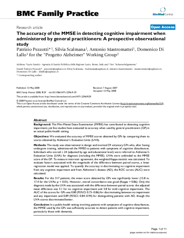 (PDF) The accuracy of the MMSE in detecting cognitive impairment when administered by general ...