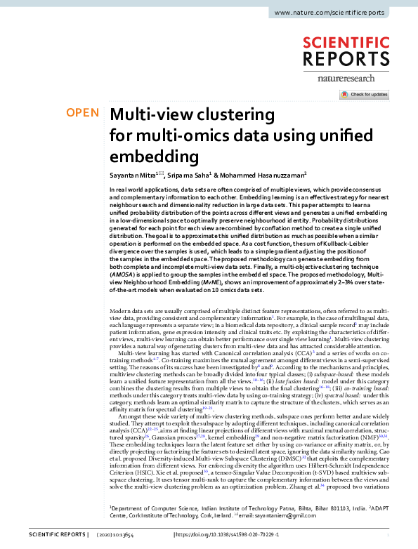 (PDF) Multi-view clustering for multi-omics data using unified embedding