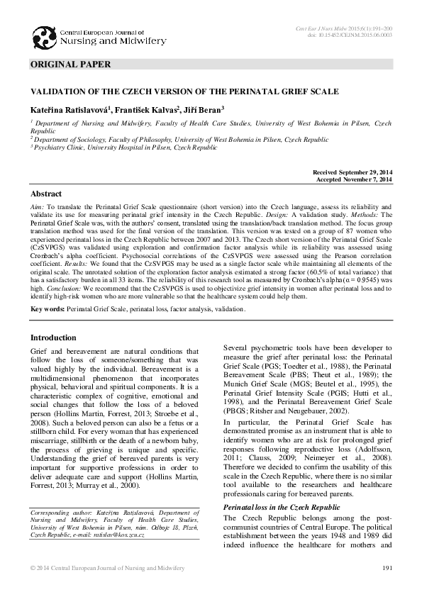 (PDF) Validation of the Czech version of the Perinatal grief scale