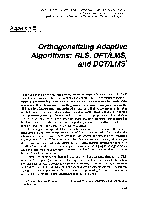 Pdf Appendix E Orthogonalizing Adaptive Algorithms Rls Dftlms