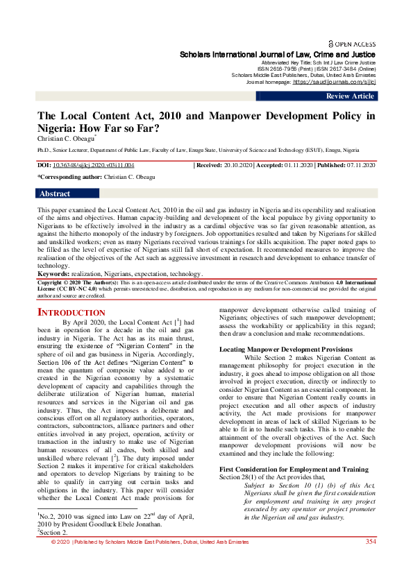 (PDF) The Local Content Act, 2010 and Manpower Development Policy in ...