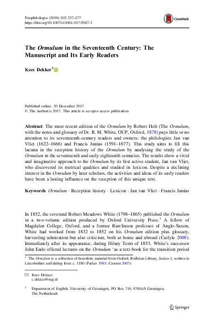 (PDF) The Ormulum in the Seventeenth Century: The Manuscript and Its ...