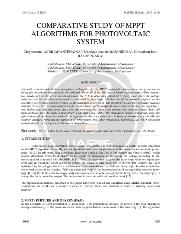 (PDF) Comparative Study of MPPT Algorithms for Photovoltaic System