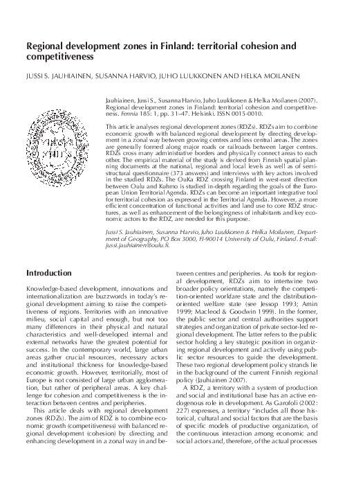 (PDF) Regional development zones in Finland: territorial cohesion and ...