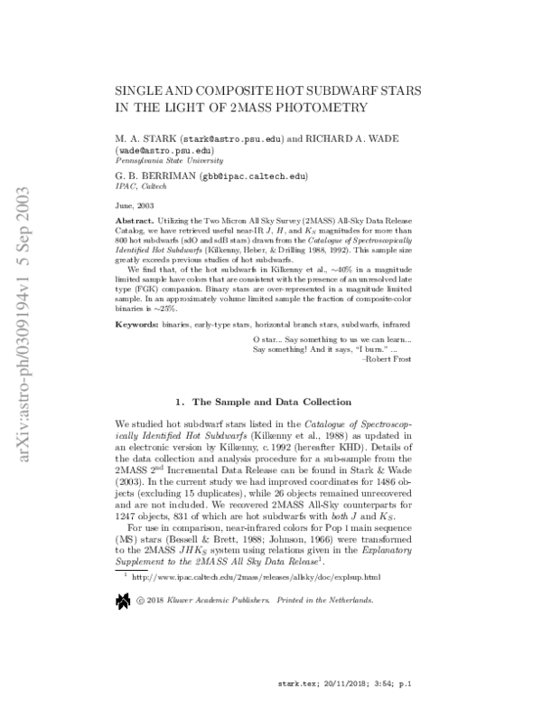 (PDF) Single and Composite Hot Subdwarf Stars in the Light of 2MASS ...