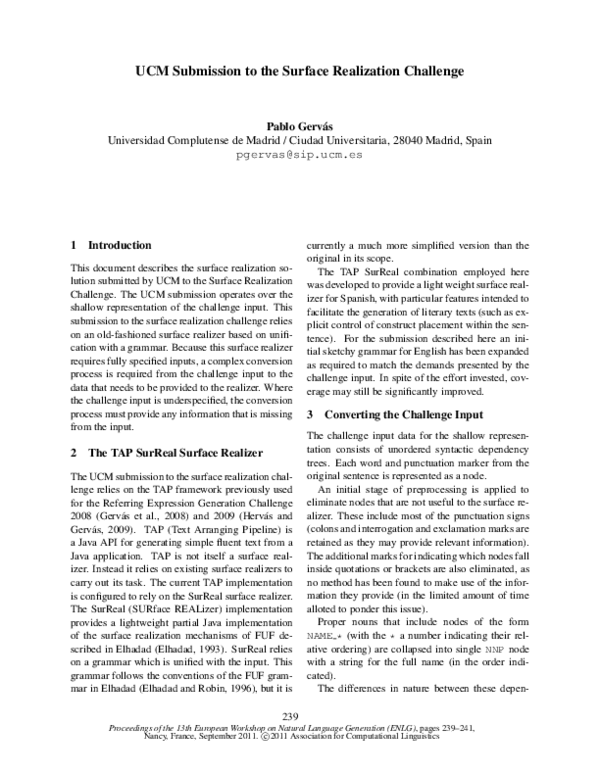 (PDF) UCM submission to the surface realization challenge | PABLO GERVAS GOMEZ-NAVARRO ...